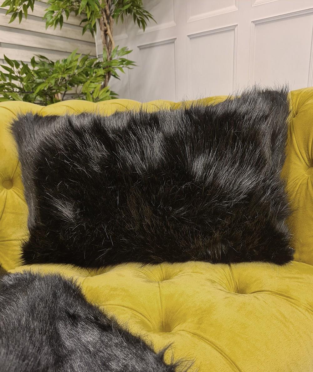 Black Bear Rectangular Cushion | Black Rectangular Faux Fur Cushion
